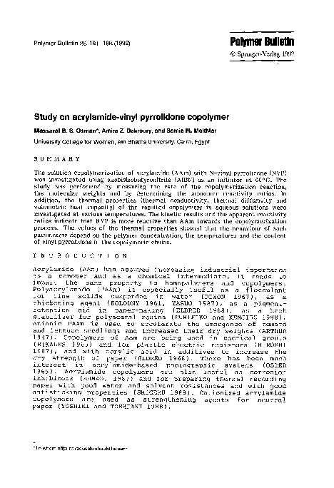 (PDF) Study on acrylamide-vinyl pyrrolidone copolymer