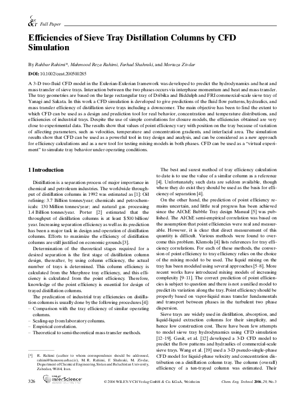 Pdf Efficiencies Of Sieve Tray Distillation Columns By Cfd Simulation