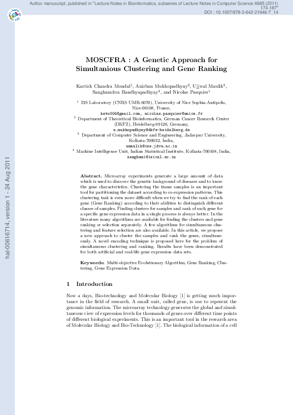 (PDF) MOSCFRA: a multi-objective genetic approach for simultaneous clustering and gene ranking