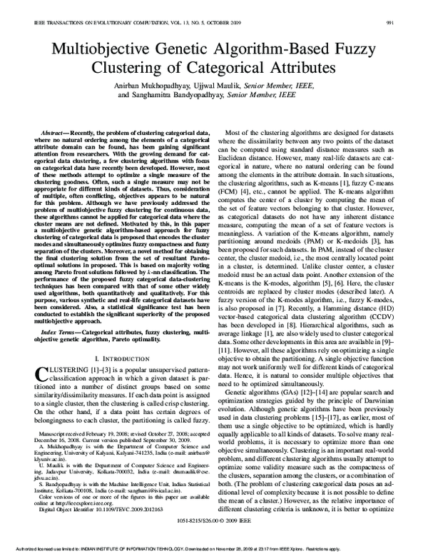 Pdf Multiobjective Genetic Algorithm Based Fuzzy Clustering Of
