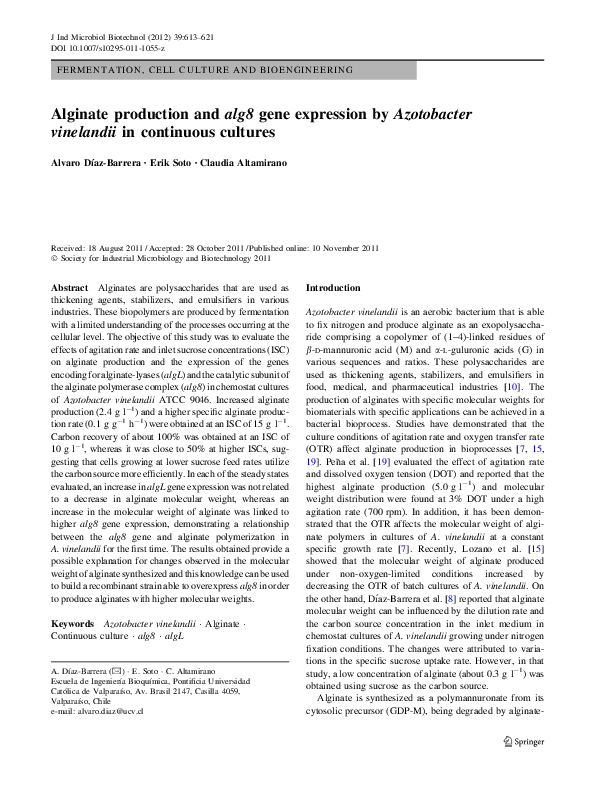 (PDF) Alginate production and alg8 gene expression by Azotobacter ...