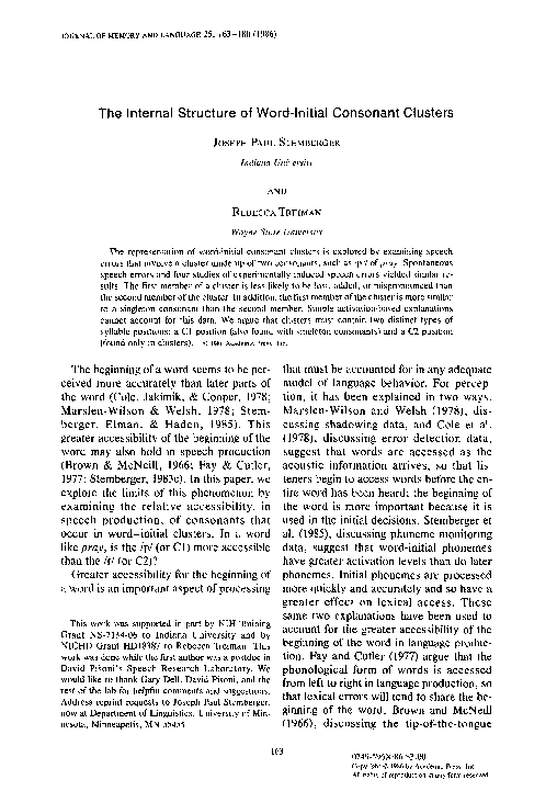 (PDF) The Internal Structure of Word-Initial Consonant Clusters* 1