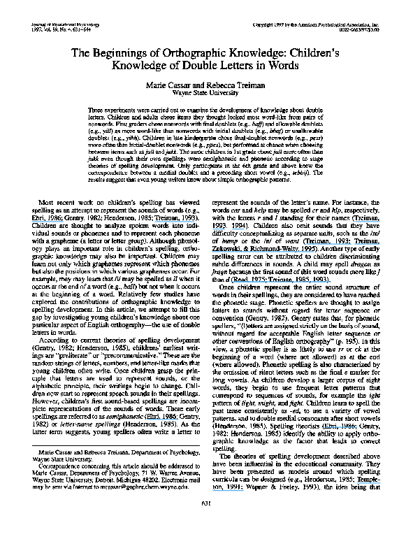 (PDF) The beginnings of orthographic knowledge: Children's knowledge of ...