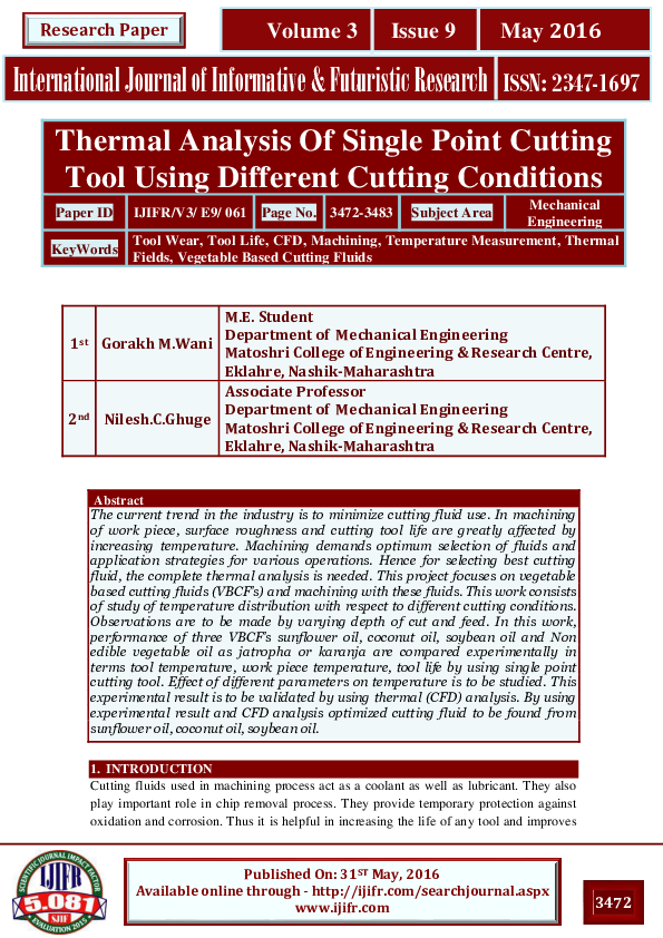 (PDF) Thermal Analysis Of Single Point Cutting Tool Using Different Cutting Conditions