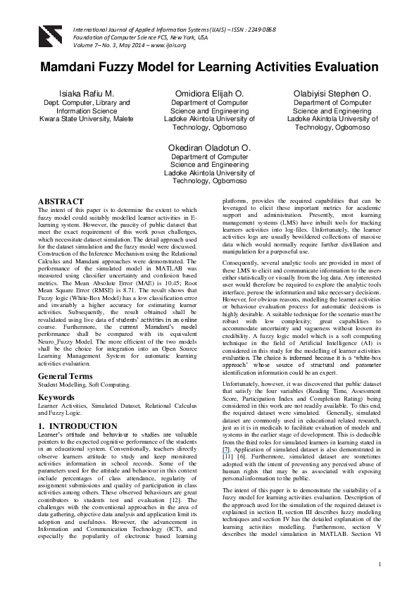 (PDF) Mamdani Fuzzy Model for Learning Activities Evaluation