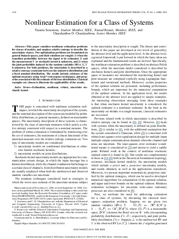 Pdf Nonlinear Estimation For A Class Of Systems