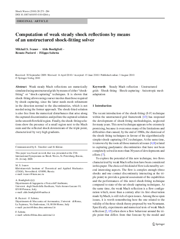 Pdf Computation Of Weak Steady Shock Reflections By Means Of An Unstructured Shock Fitting Solver