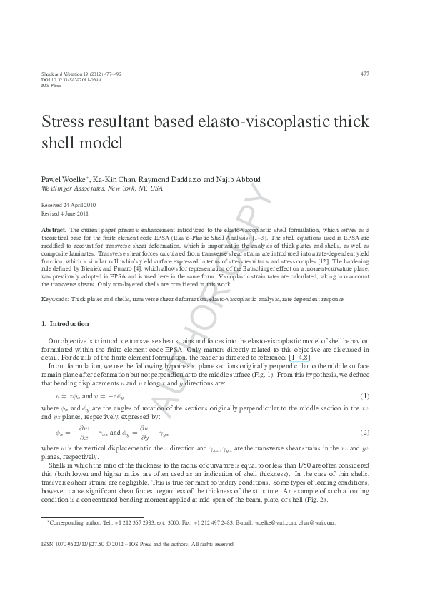 (PDF) Stress Resultant Based Elasto-Viscoplastic Thick Shell Model