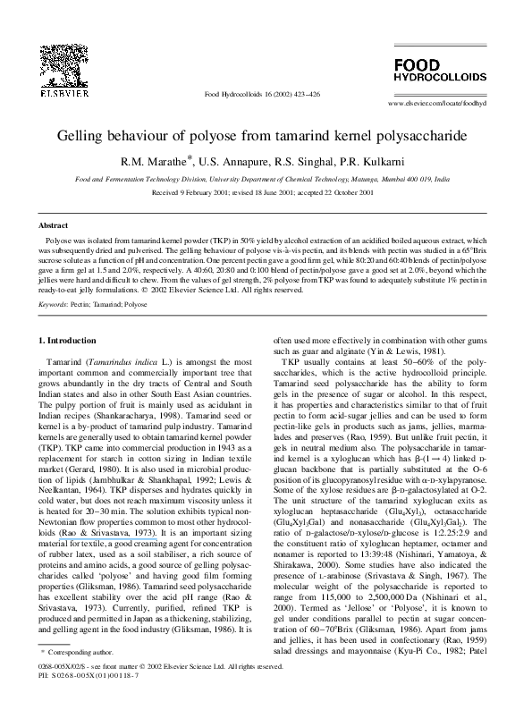 (PDF) Gelling behaviour of polyose from tamarind kernel polysaccharide