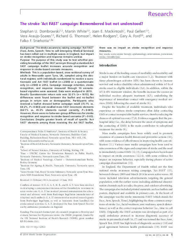 (PDF) The stroke 'Act FAST' campaign: Remembered but not understood?