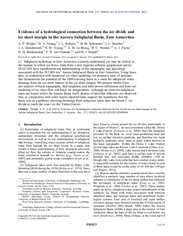 (PDF) Evidence of a hydrological connection between the ice divide and ...