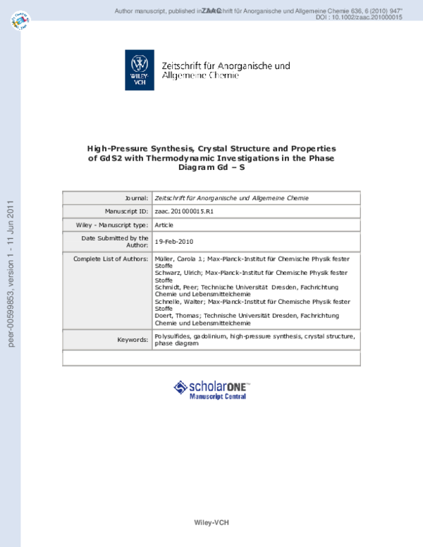 (PDF) High-Pressure Synthesis, Crystal Structure, and Properties of ...