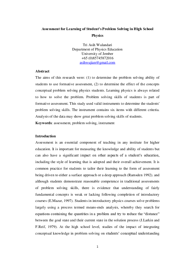 (PDF) Assessment for Learning of Student's Problem Solving in High ...