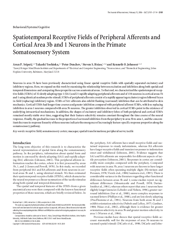Pdf Spatiotemporal Receptive Fields Of Peripheral Afferents And
