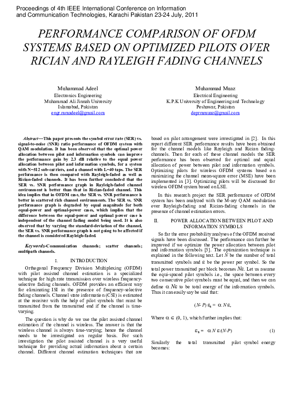 (PDF) PERFORMANCE COMPARISON OF OFDM SYSTEMS BASED ON OPTIMIZED PILOTS OVER RICIAN AND RAYLEIGH ...