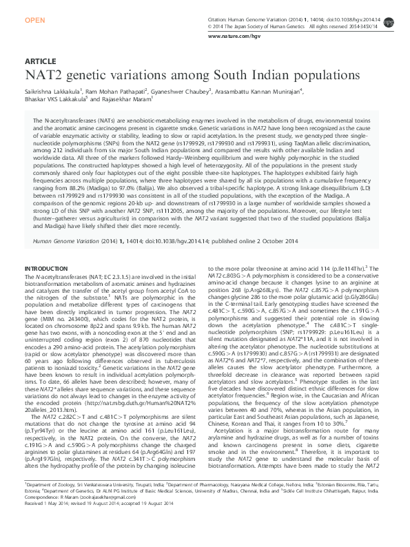 (PDF) NAT2 genetic variations among South Indian populations