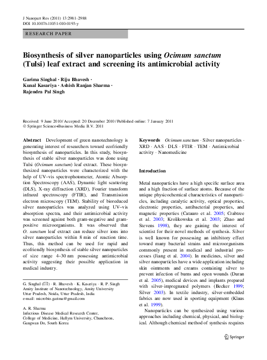 (PDF) Biosynthesis of silver nanoparticles using Ocimum sanctum (Tulsi) leaf extract and ...
