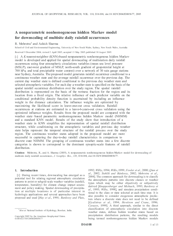 Pdf A Nonparametric Nonhomogeneous Hidden Markov Model For Downscaling Of Multisite Daily