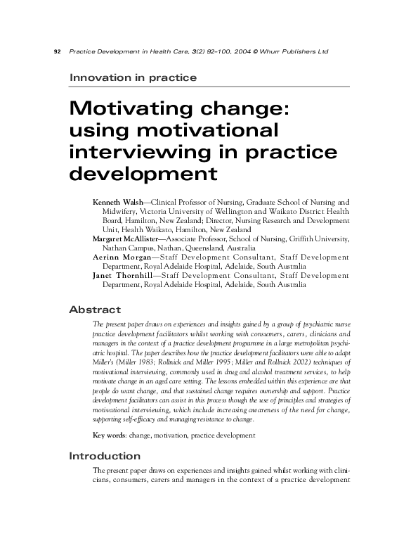 (PDF) Motivating change: using motivational interviewing in practice ...