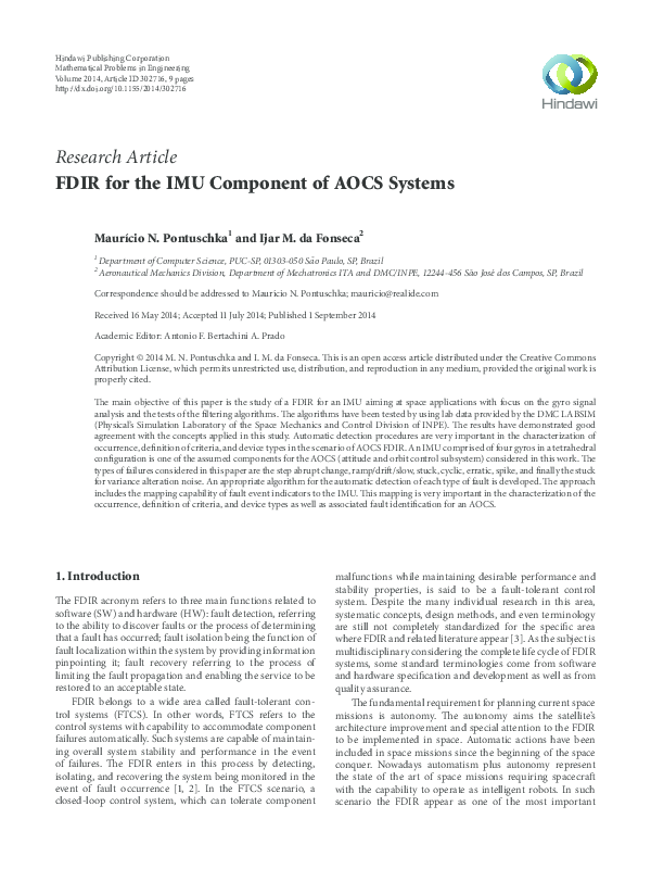(PDF) FDIR for the IMU Component of AOCS Systems