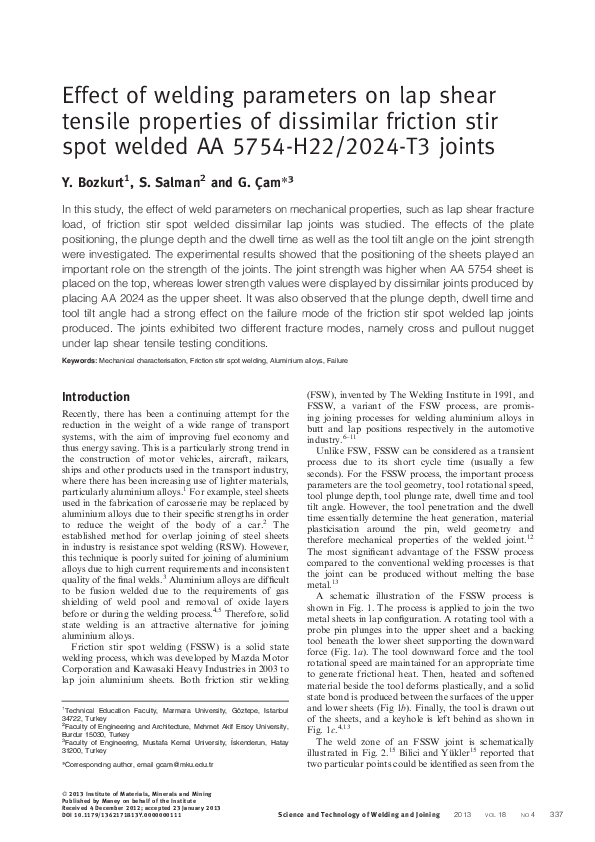 Pdf Effect Of Welding Parameters On Lap Shear Tensile Properties Of Dissimilar Friction Stir