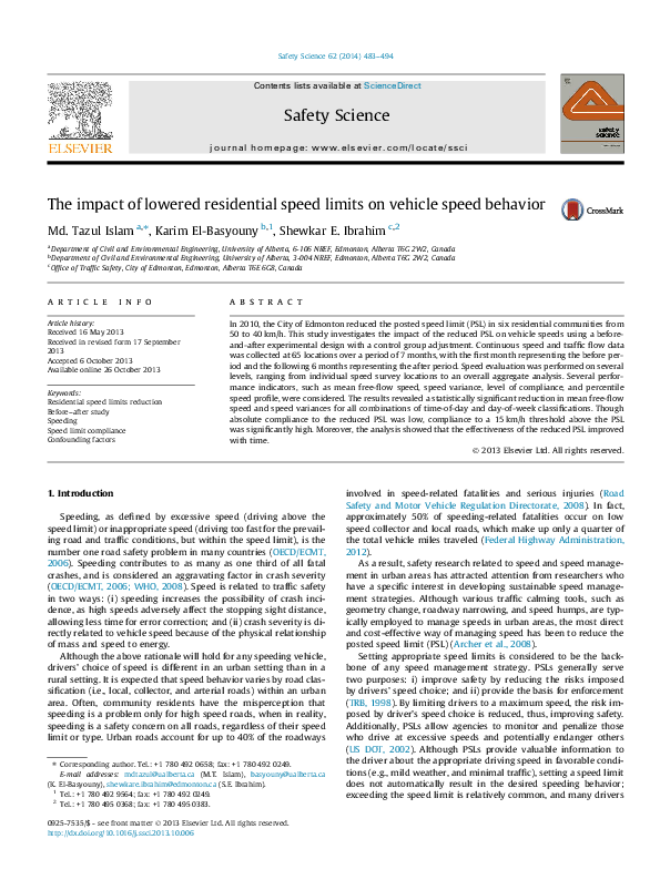 (PDF) The impact of lowered residential speed limits on vehicle speed ...