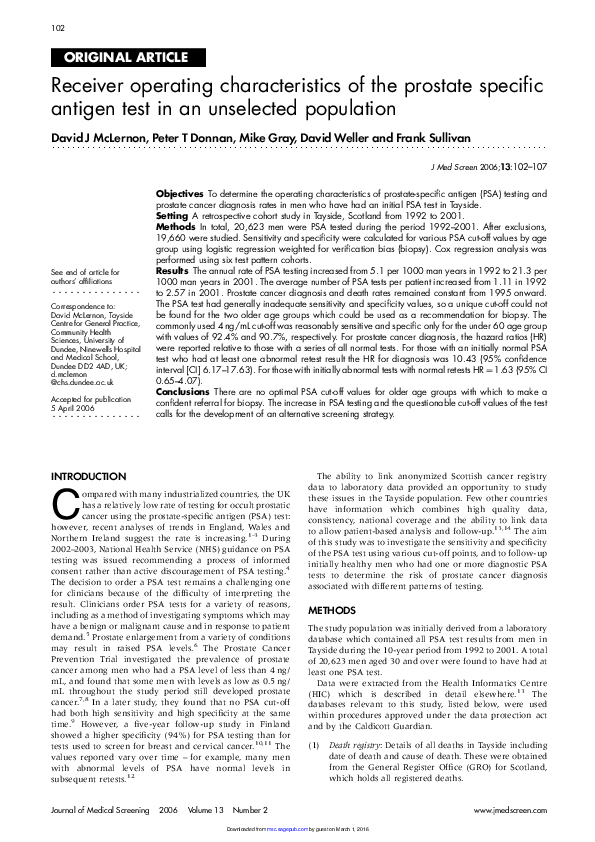 (PDF) Receiver operating characteristics of the prostate specific ...