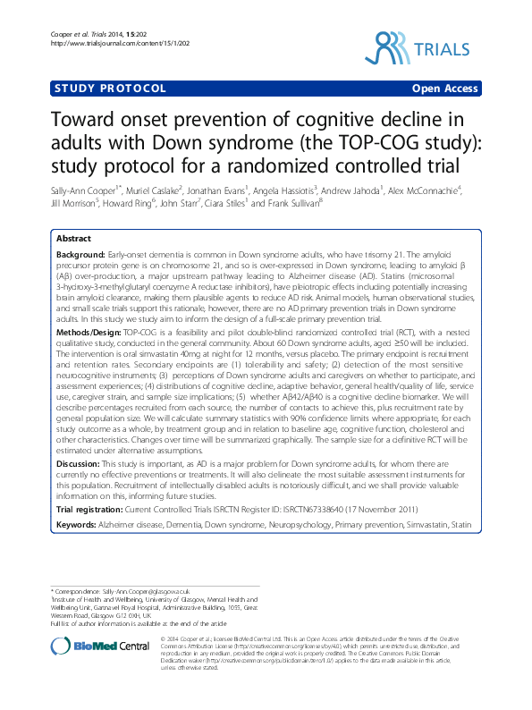 (PDF) Toward onset prevention of cognitive decline in adults with Down ...