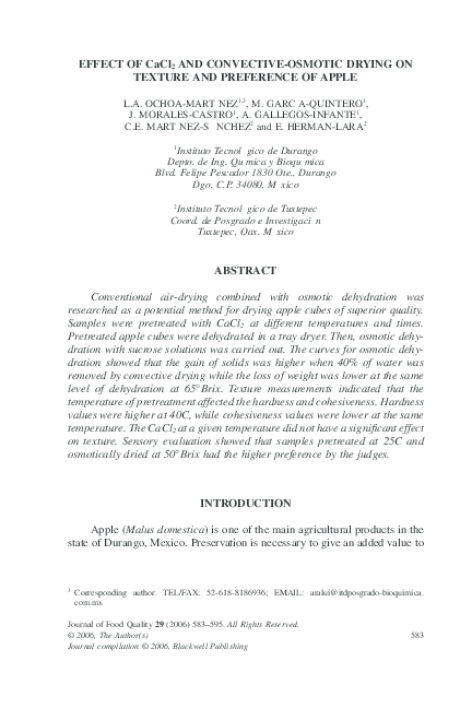 (PDF) EFFECT OF CaCl2 AND CONVECTIVE‐OSMOTIC DRYING ON TEXTURE AND PREFERENCE OF APPLE