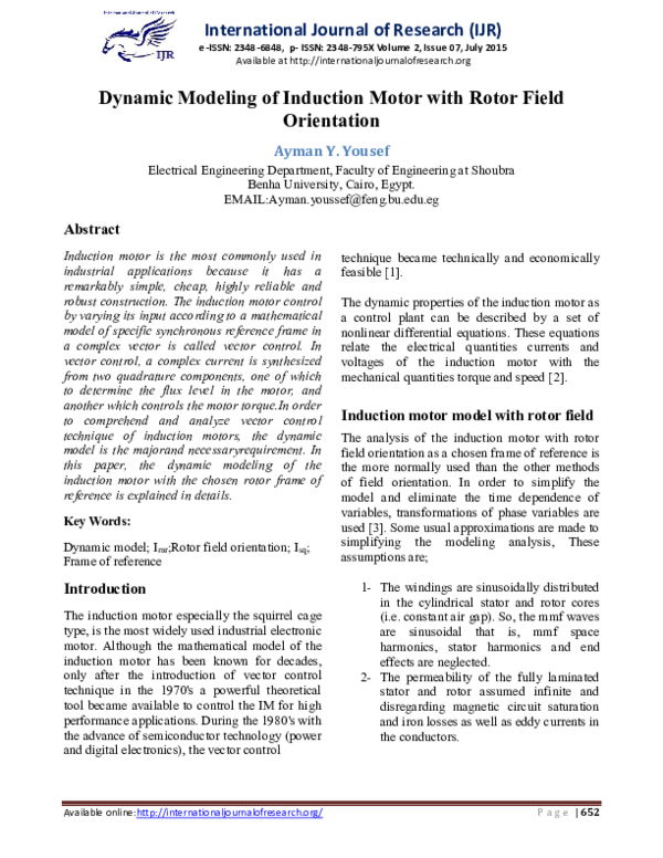 Pdf Dynamic Modeling Of Induction Motor With Rotor Field Orientation