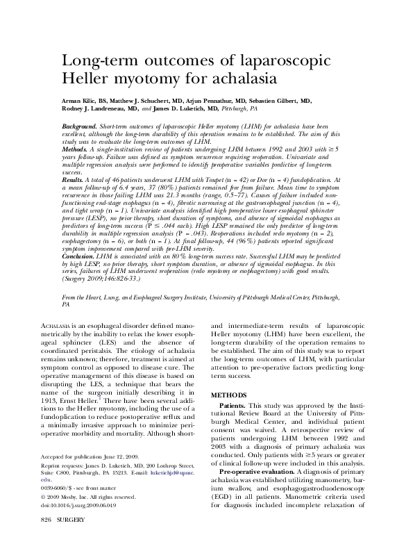 (PDF) Long-term outcomes of laparoscopic Heller myotomy for achalasia
