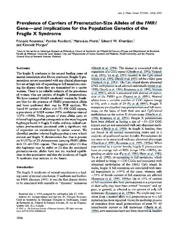 (PDF) Prevalence of carriers of premutation-size alleles of the FMRI gene--and implications for ...