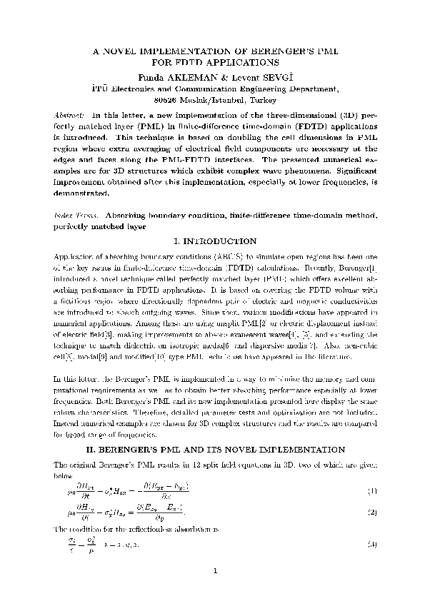 (PDF) A novel implementation of Berenger's PML for FDTD applications