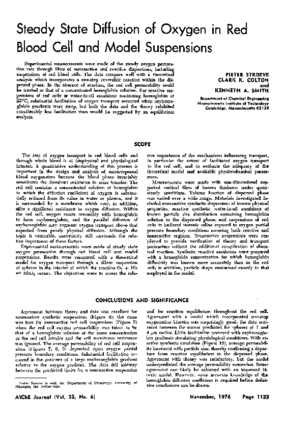 (PDF) Steady state diffusion of oxygen in red blood cell and model ...