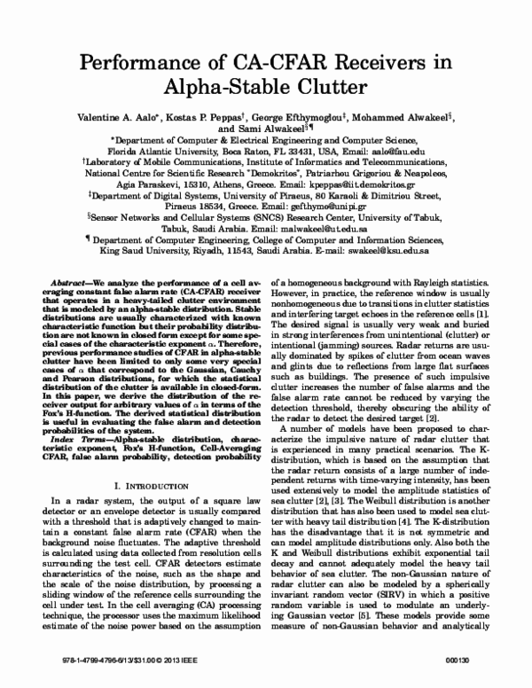 (PDF) Performance of CA-CFAR receivers in alpha-stable clutter