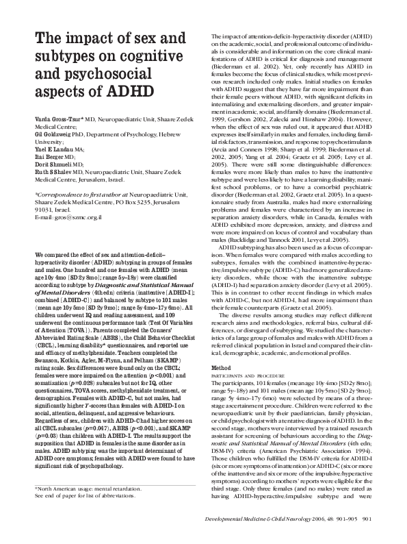 Pdf The Impact Of Sex And Subtypes On Cognitive And Psychosocial Aspects Of Adhd