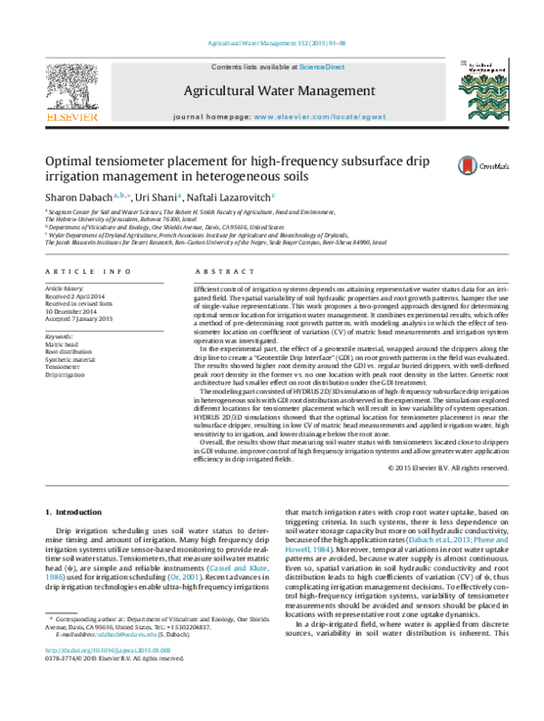 (PDF) Optimal tensiometer placement for high-frequency subsurface drip irrigation management in ...