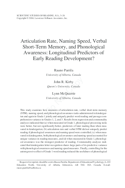 (PDF) Articulation rate, naming speed, verbal short-term memory, and phonological awareness ...