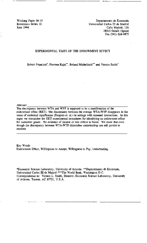 (PDF) Experimental Tests of the Endowment Effect