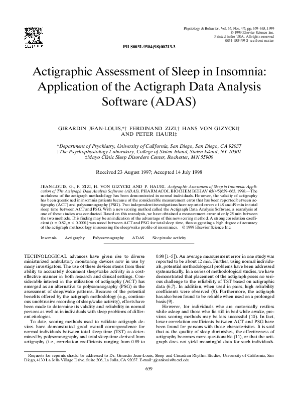 (PDF) Actigraphic Assessment of Sleep in Insomnia:: Application of the ...