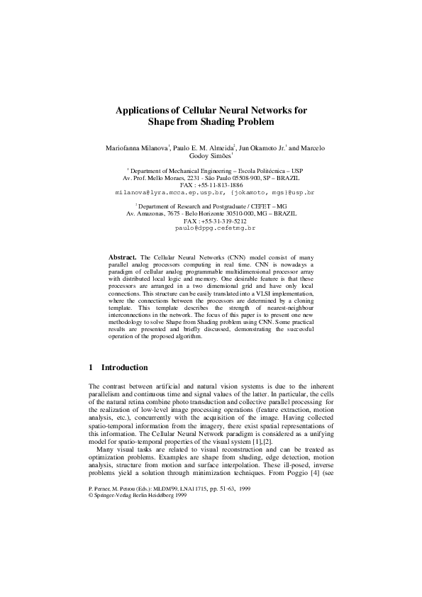 (PDF) Applications of Celluar Neural Networks for Shape from Shading Problem