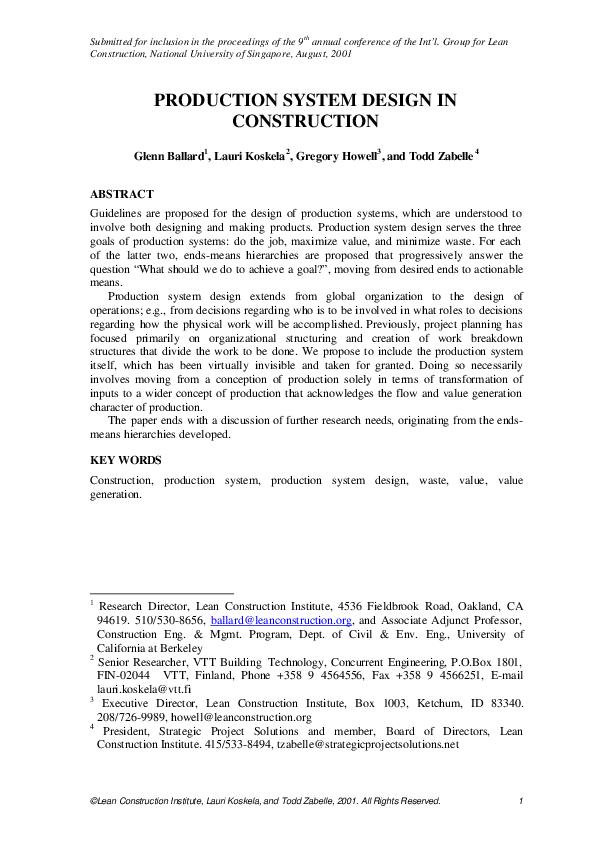 (PDF) Production system design in construction