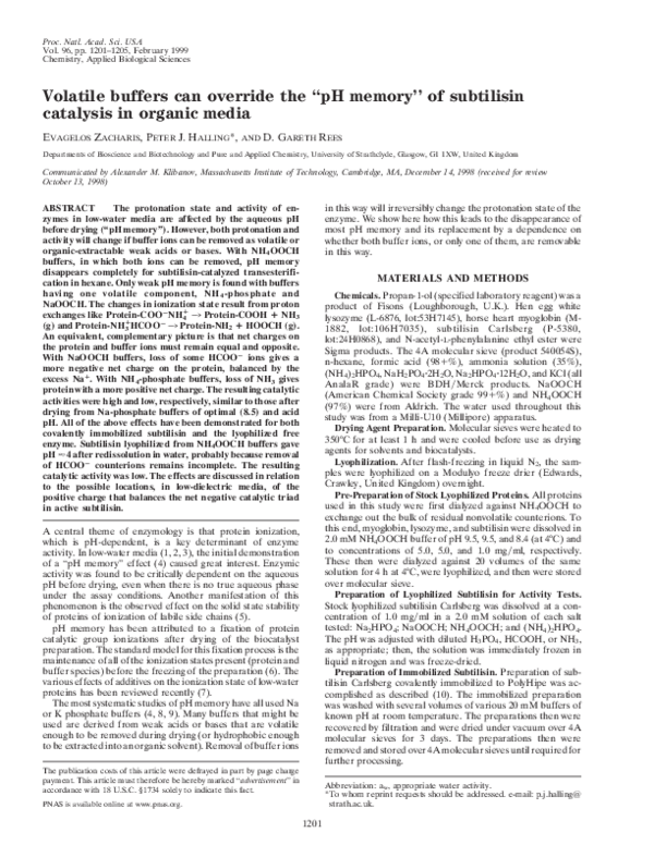 (PDF) Volatile buffers can override the "pH memory" of subtilisin ...