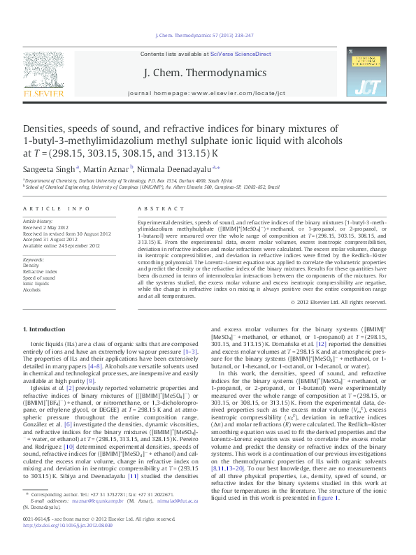 (PDF) Densities, speeds of sound, and refractive indices for binary mixtures of 1-butyl-3 ...