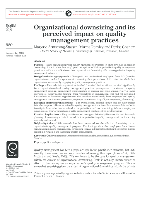 (PDF) Organizational downsizing and its perceived impact on quality management practices