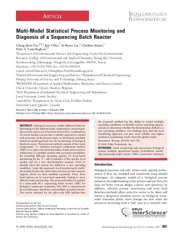 Pdf Multi Model Statistical Process Monitoring And Diagnosis Of A