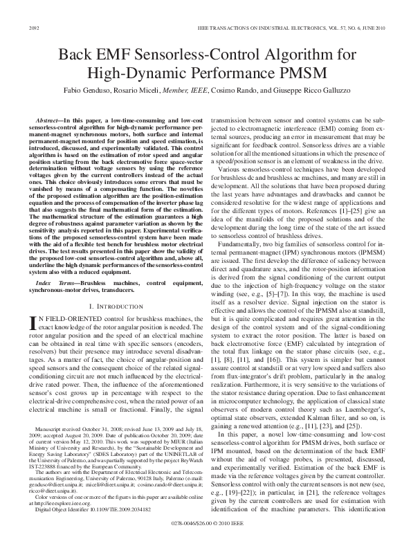 Pdf Back Emf Sensorless Control Algorithm For High Dynamic Performance Pmsm