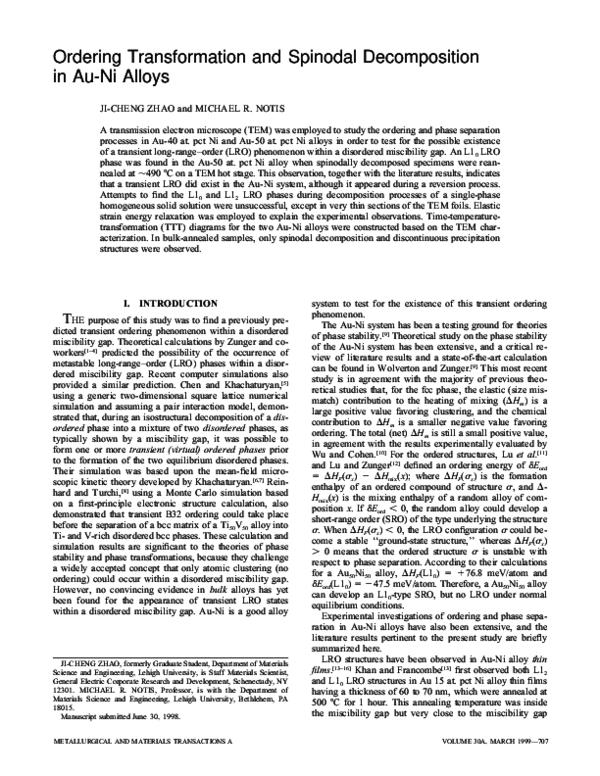 (PDF) Ordering transformation and spinodal decomposition in Au−Ni alloys