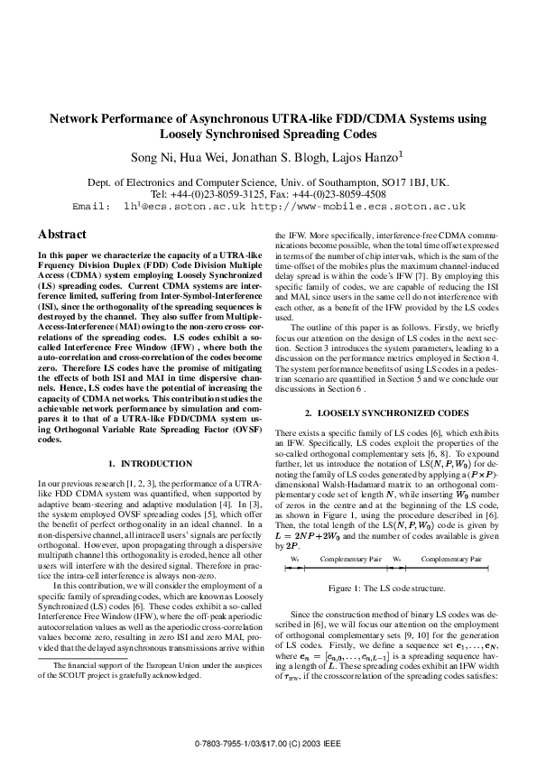 Pdf Network Performance Of Asynchronous Utra Like Fddcdma Systems Using Loosely Synchronised