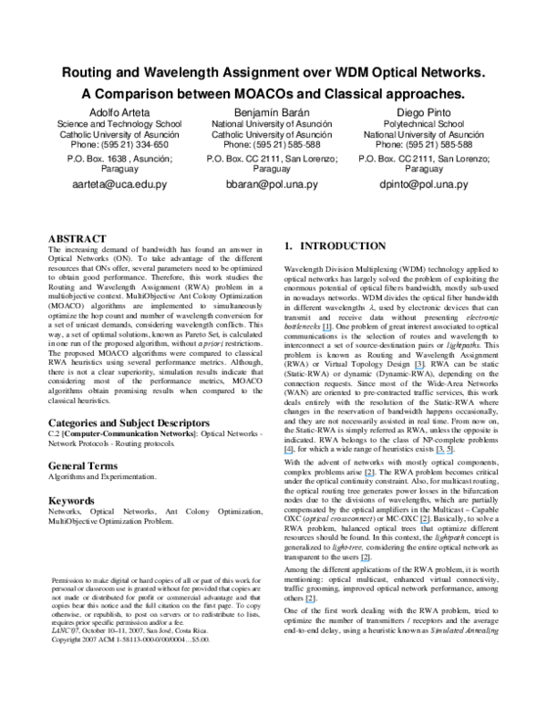 Pdf Routing And Wavelength Assignment Over Wdm Optical Networks